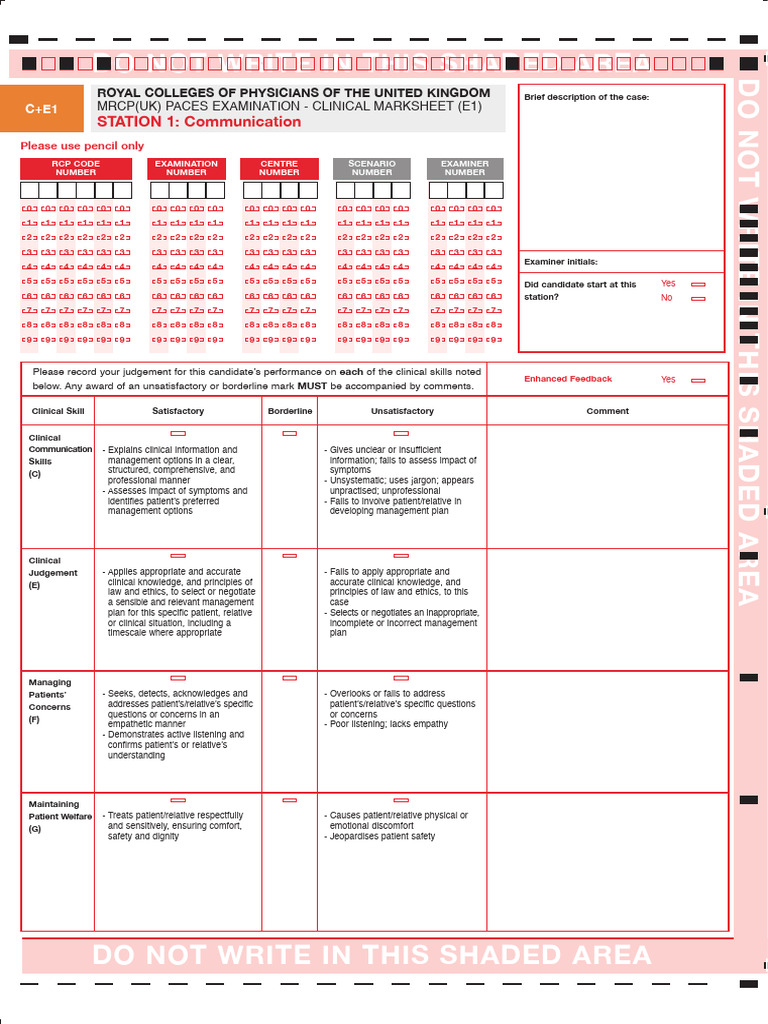 MRCP(UK) PACES Exam Clinical Marksheet | PDF | Health Care | Psychology