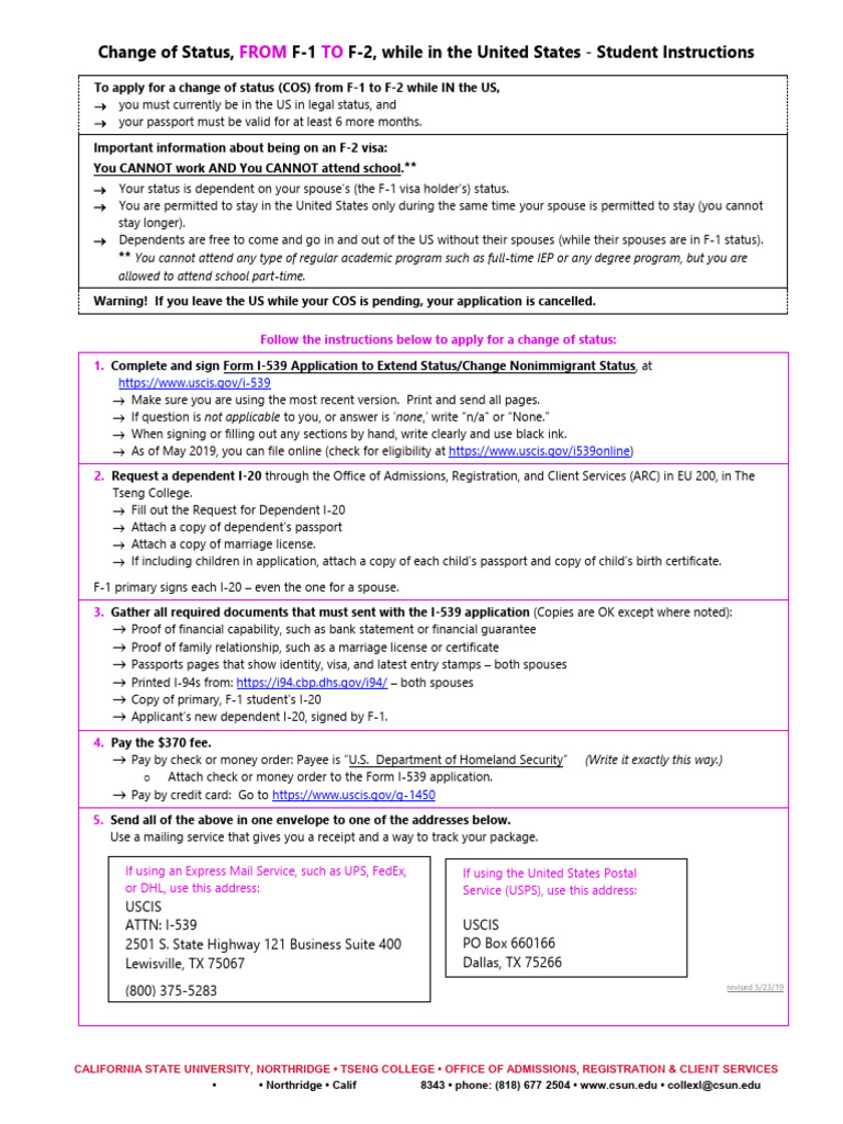 COS F1 to F2 Instructions | PDF | Travel Visa | United States Postal ...