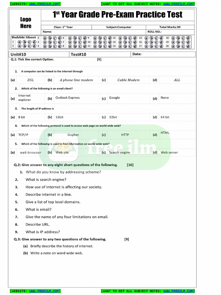 11th Computer Test Paper 10 | PDF
