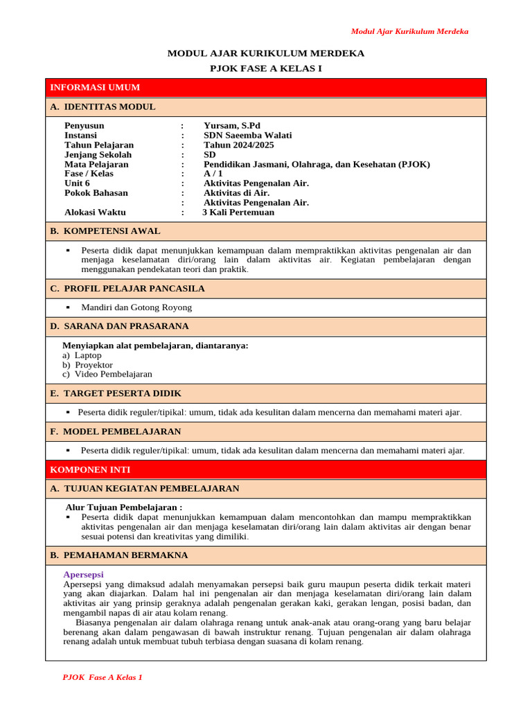 Modul Ajar PJOK Unit 6 Kls 1 | PDF