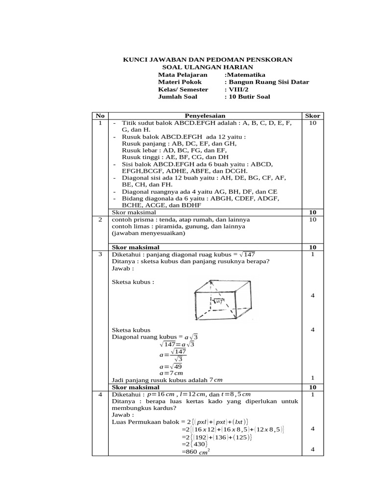 KUNCI JAWABAN DAN PEDOMAN PENSKORAN SOAL UJI COBA | PDF