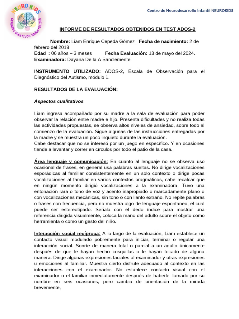 Informe de Evaluación ADOS-2 de Liam | PDF | Autismo | Sicología