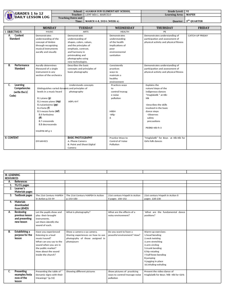 DLL_MAPEH 6_Q3_W6 | PDF