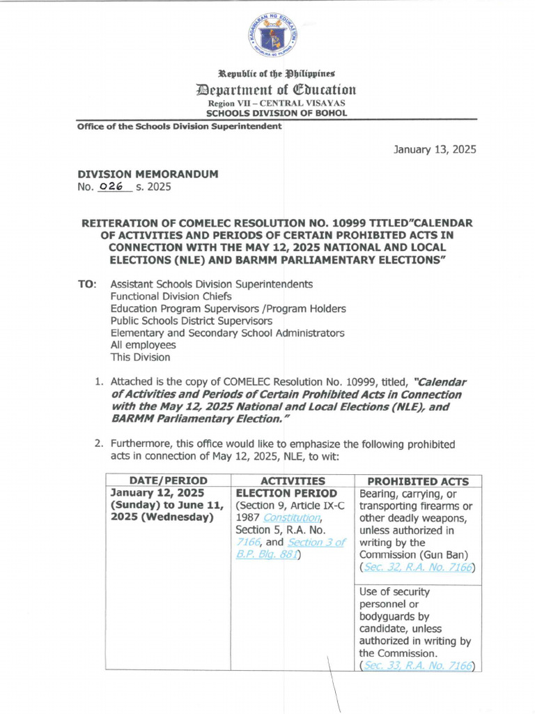 DM No. 026, s. 2025 Reiteration of Comelec Resolution No. 10999 Titled ...