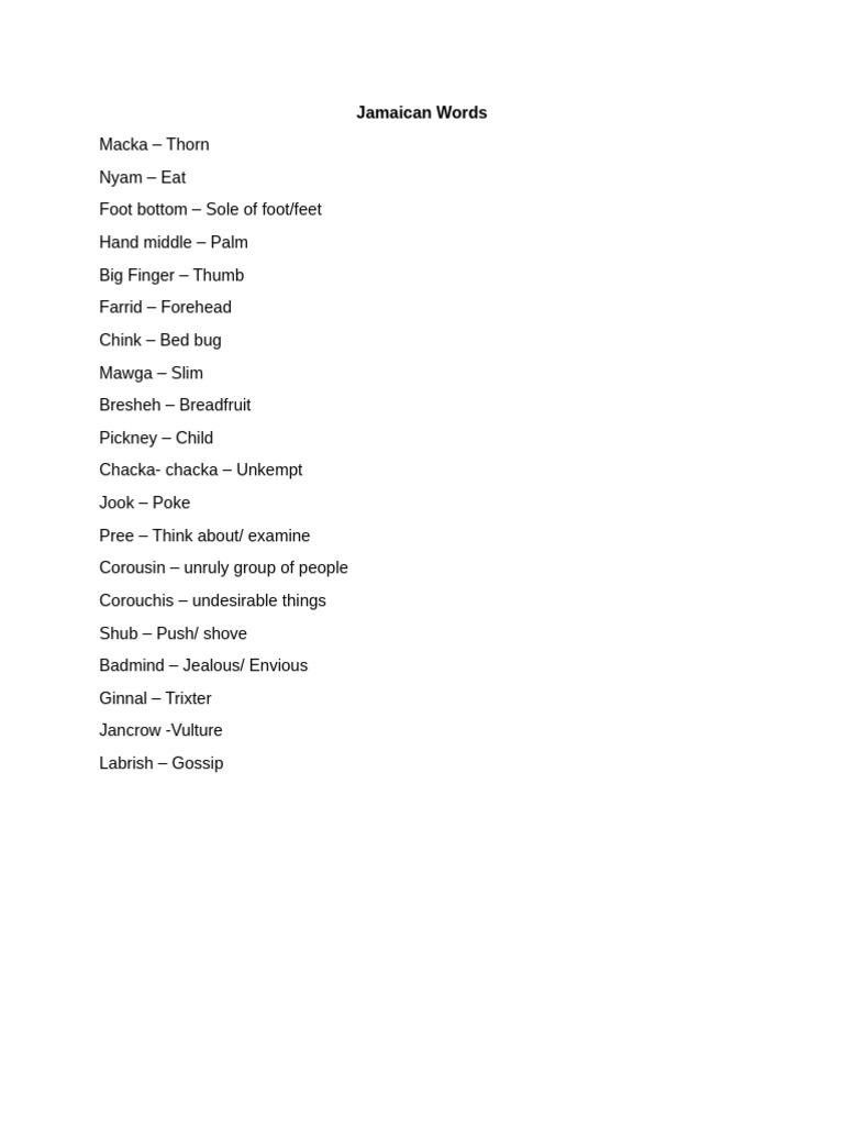Jamaican Words - Quiz | PDF