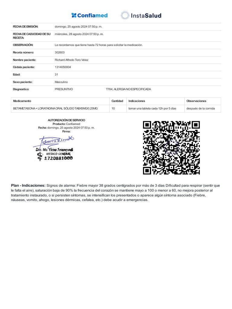 Pedido Receta 302603 Toro Velez | PDF