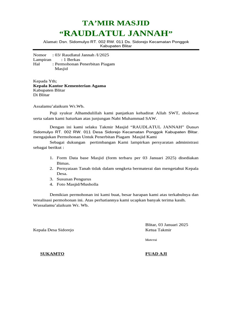 SURAT KEMENAG Masjid Raudlatul Jannah | PDF