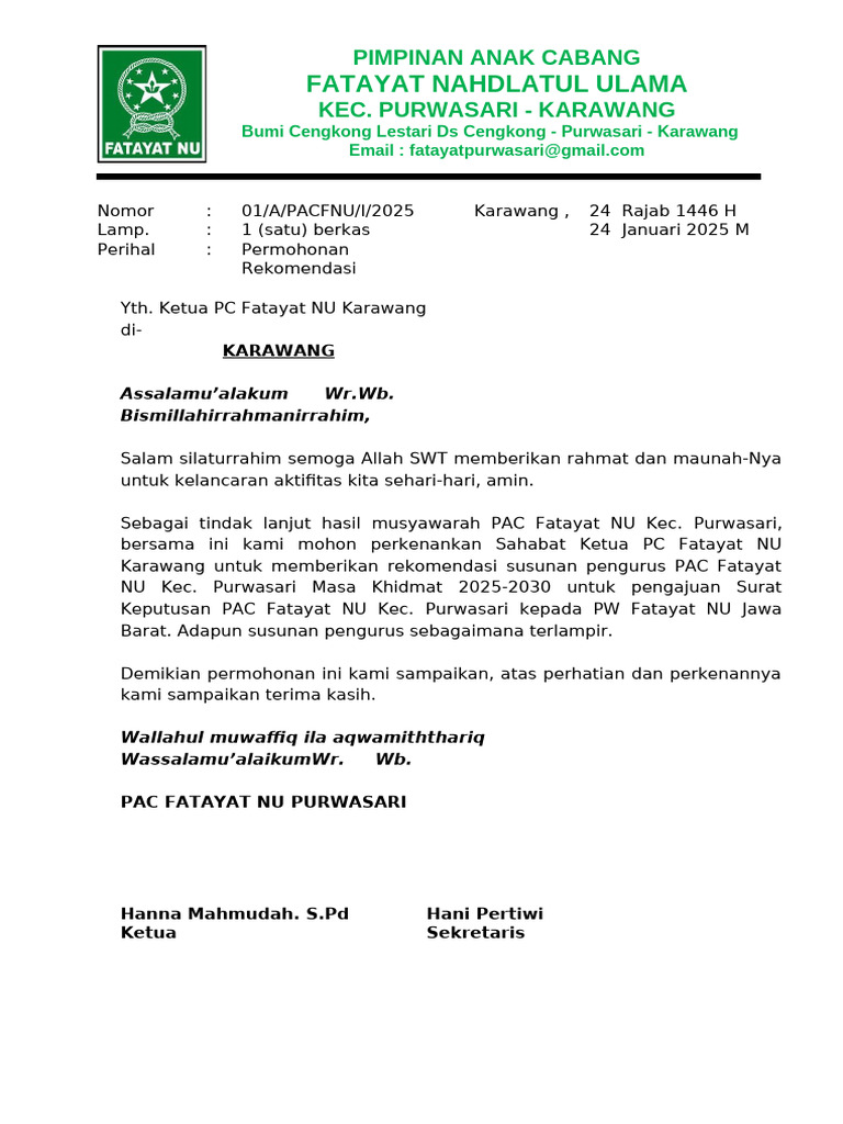 Susunan Kepengurusan Fatayat PAC Purwasari | PDF