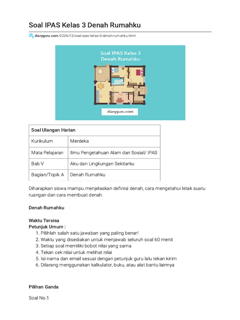Soal IPAS Kelas 3 Denah Rumahku | PDF