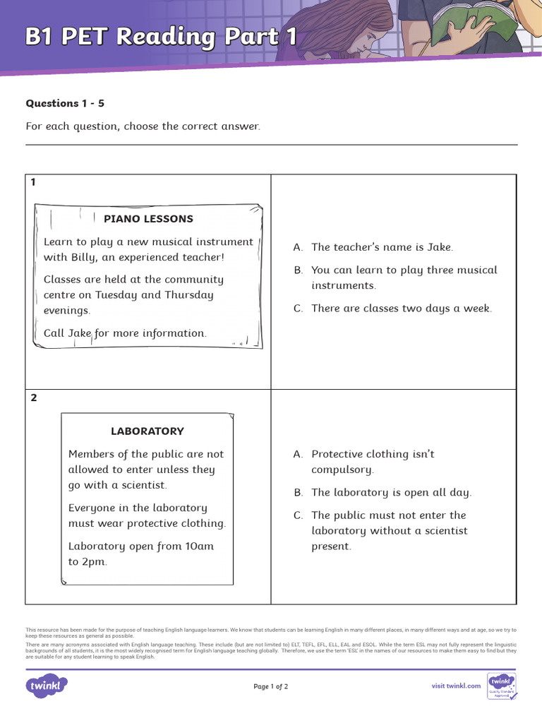 T e 1681121595 Esl b1 Pet Reading Part 1 Worksheet 1 - Ver - 1 | PDF ...