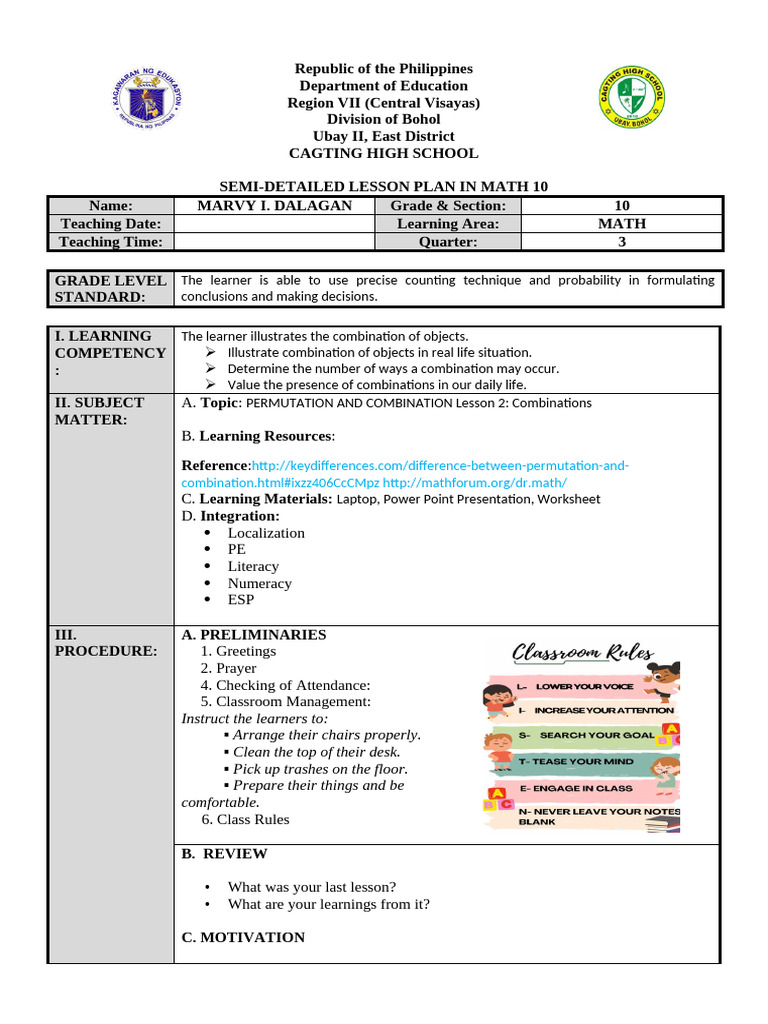 Math 10 Lesson Plan: Combinations | PDF | Learning | Cognition