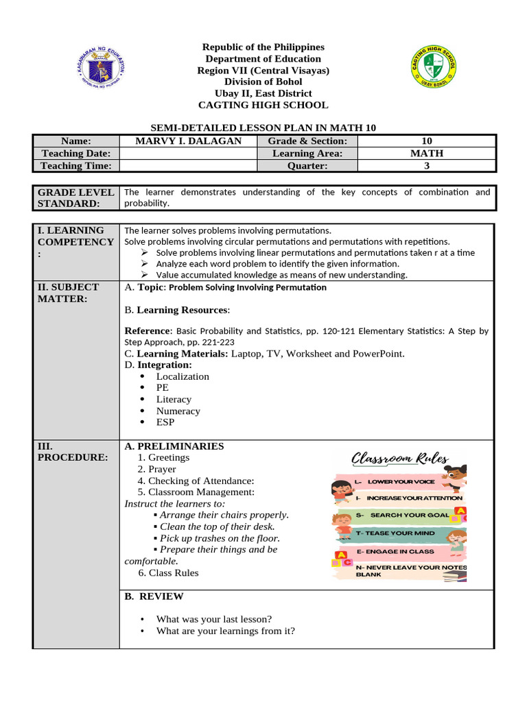 G10-Q3-WEEK1-DAY4-Problem Solving Involving Permutation2 | PDF | Permutation | Learning