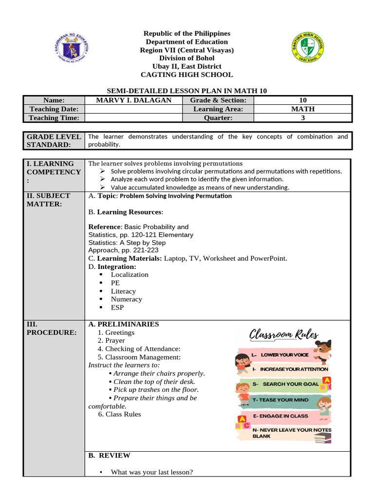 G10-Q3-WEEK1-DAY3-Problem Solving Involving Permutation | PDF | Permutation | Learning