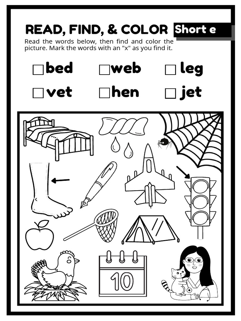 Read, Find, And Color Short E CVC Worksheet | PDF