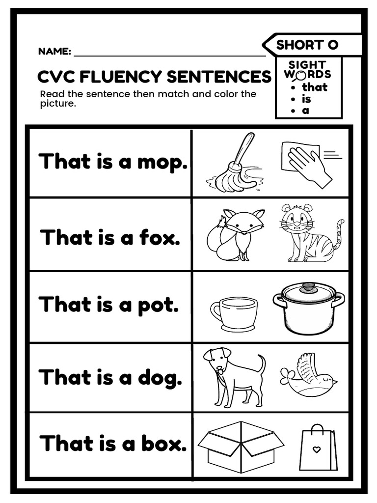 CVC Fluency Sentences Read and Color Short O Words Worksheet | PDF