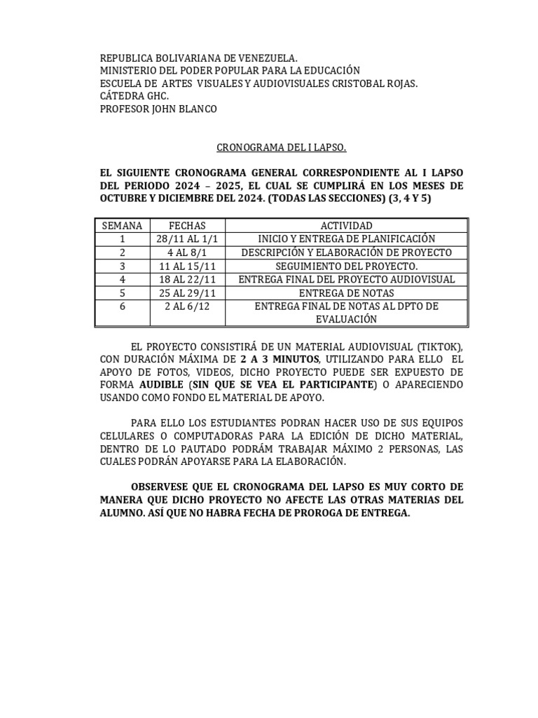 Cronograma I Lapso 2024-2025 Educación | PDF | Venezuela