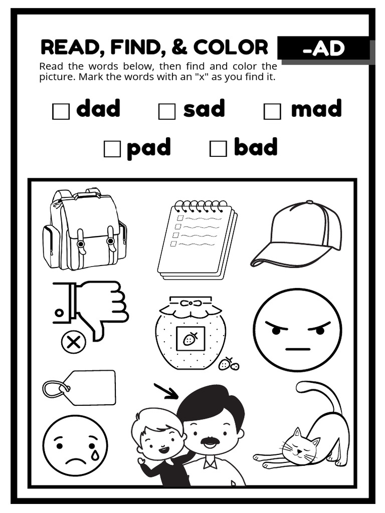 Read, Find, and Color CVC AD Word Family Worksheet | PDF