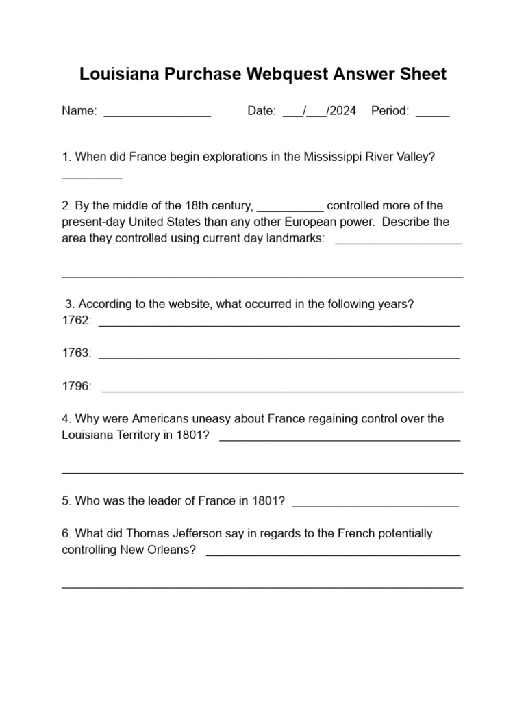 Louisiana Purchase Webquest Answer Sheet | PDF