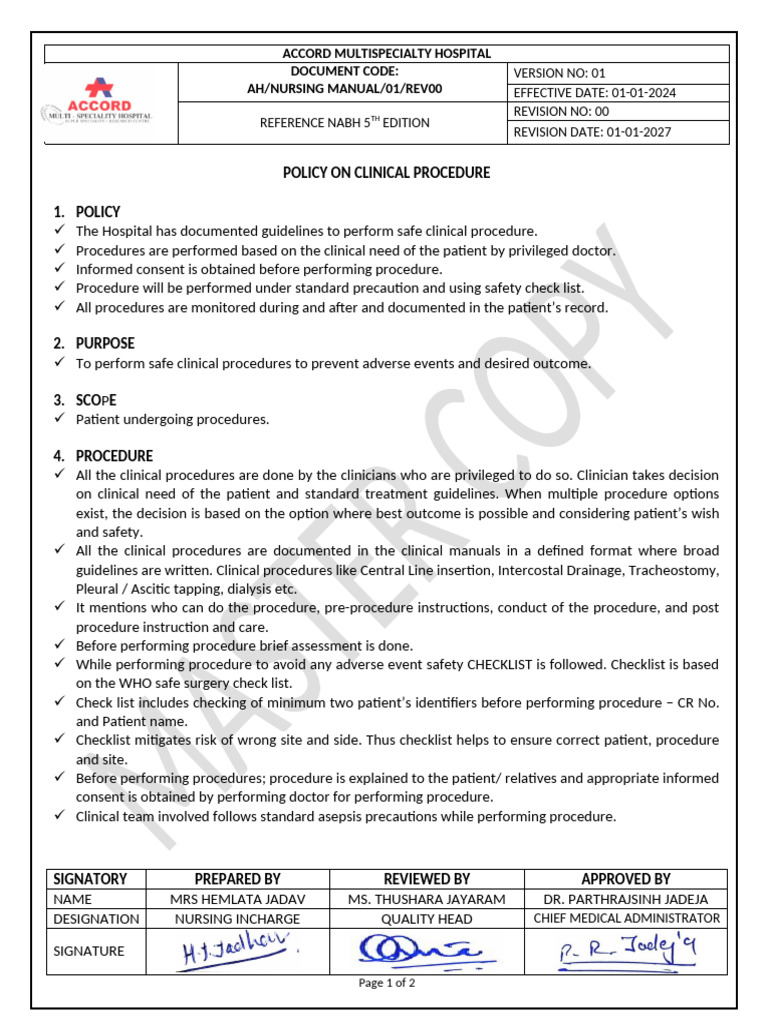 Policy On Clinical Procedure | PDF | Patient | Safety