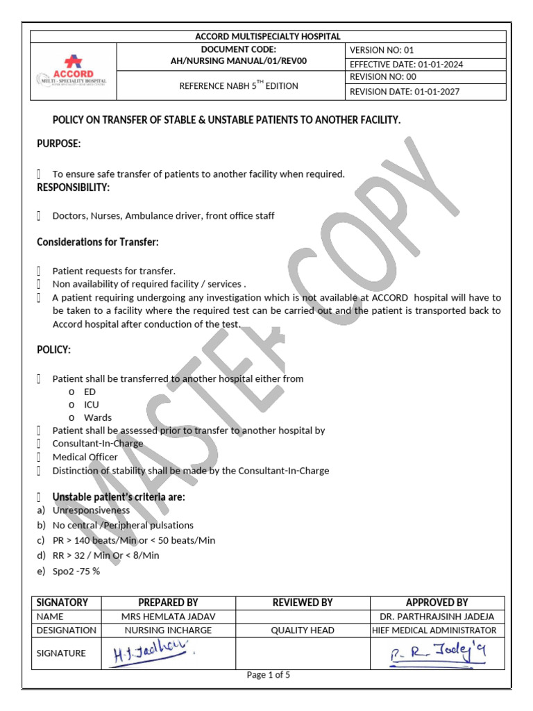 Aac-3 Policy On Transfer of Stable and Unstable Patient | PDF ...