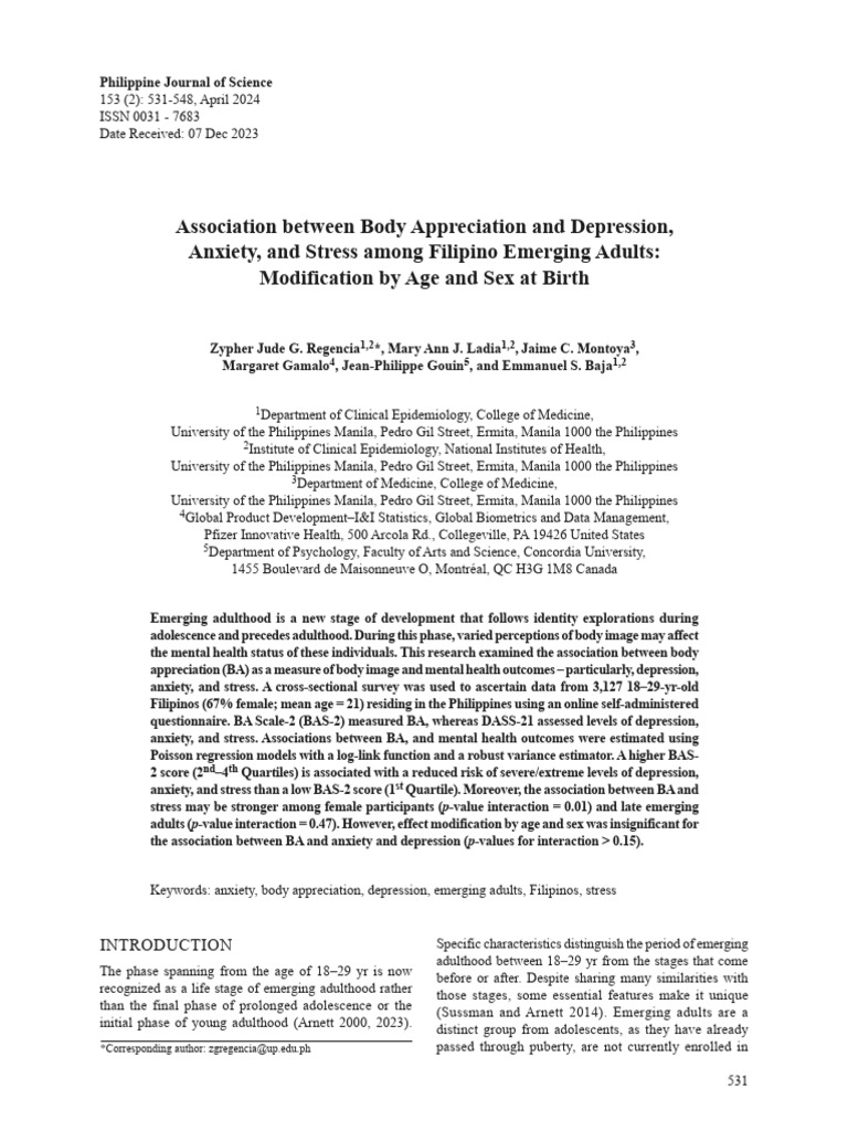 Association Between Body Appreciation and Depression Anxiety and Stress ...