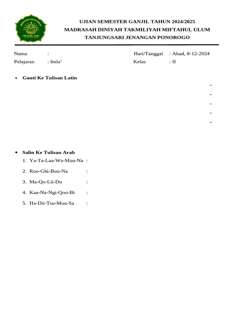 UJIAN SEMESTER GANJIL TAHUN 2024 bu lilik imlk | PDF