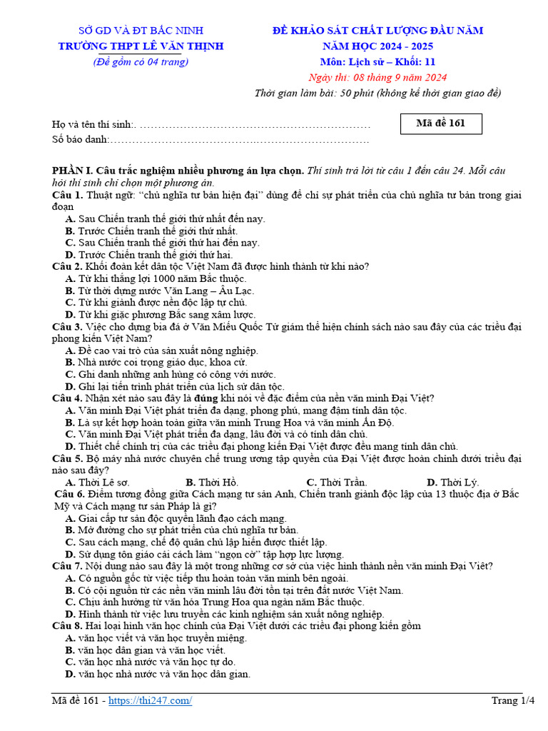 De Khao Sat Lich Su 11 Dau Nam 2024 2025 Truong THPT Le Van Thinh Bac Ninh | PDF