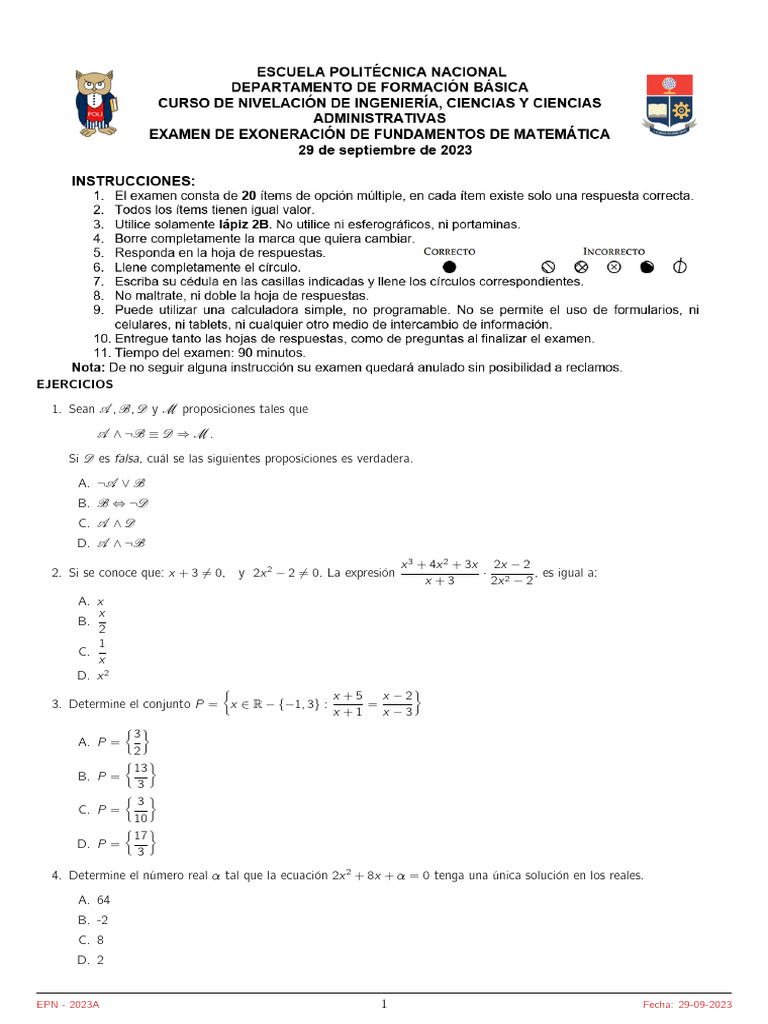 Examen de Exoneración 2023-A | PDF | Álgebra | Matemática Elemental