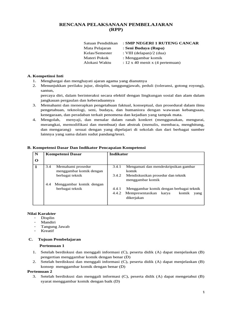 RPP KELAS VIII SENI RUPA KD 4 kelompok seni rupa | PDF