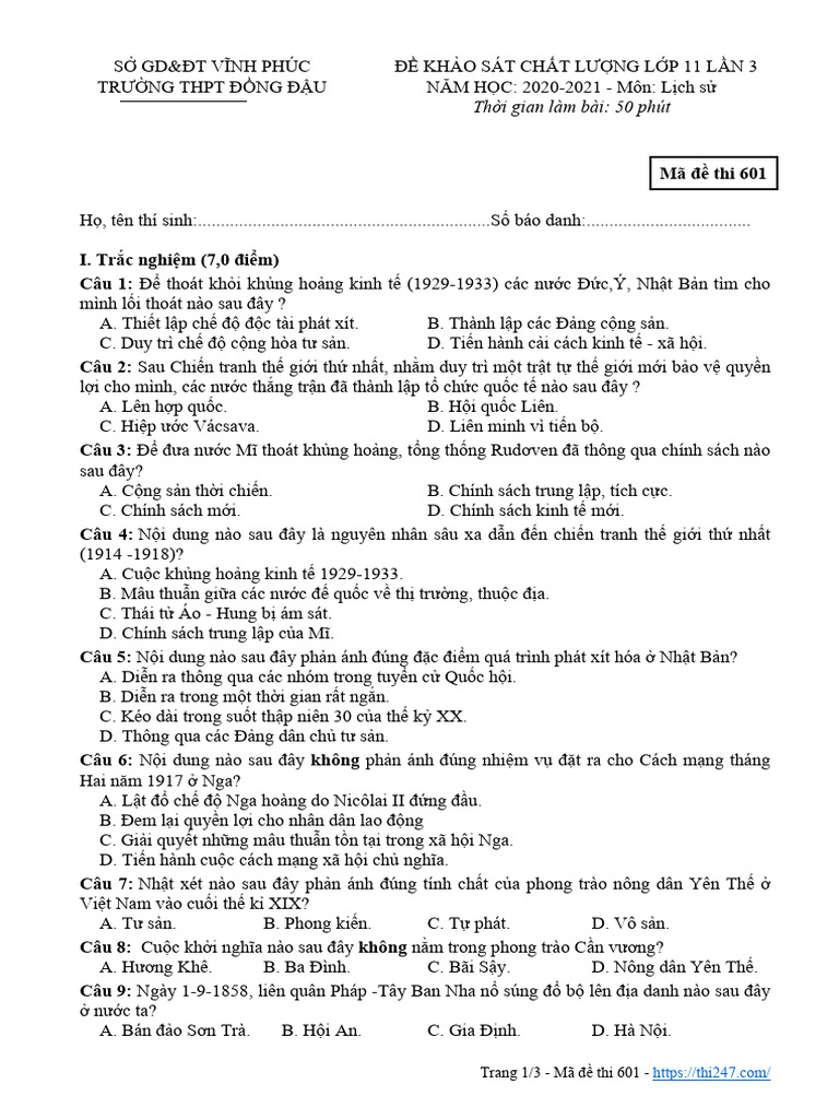 De Khao Sat Lich Su 11 Lan 3 Nam 2020 2021 Truong THPT Dong Dau Vinh Phuc | PDF