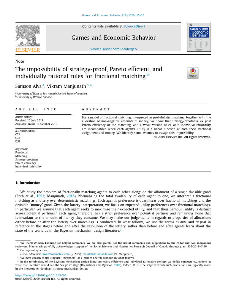 The Impossibility of Strategy Proof Pareto Efficient An - 2020 - GEB ...