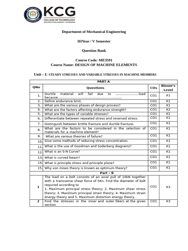 ME3591 - Design of Machine Elements | PDF | Strength Of Materials ...