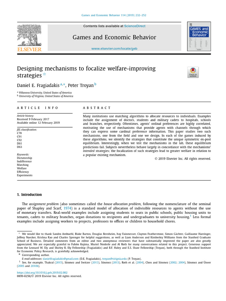 Designing Mechanisms To Focalize Welfare Improvin - 2019 - GEB | PDF ...