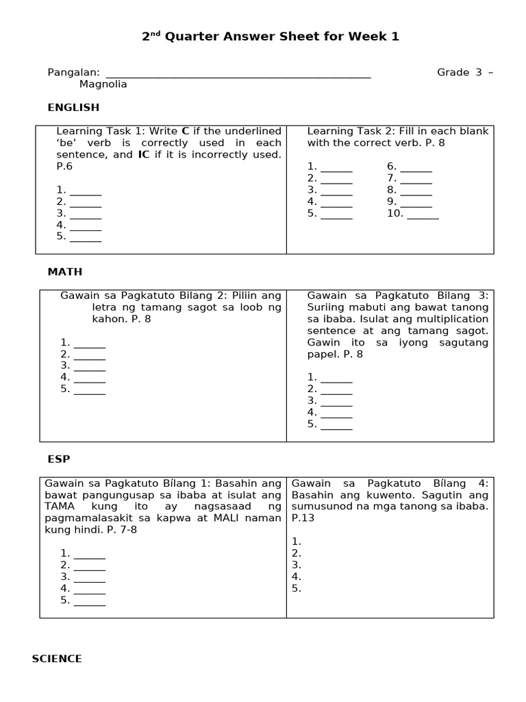 2nd Quarter Answer Sheet For Week 1 | PDF
