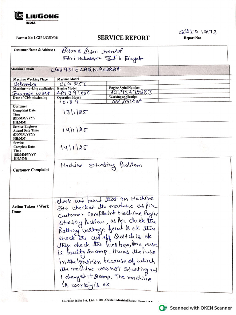Bison and Bison Rental Machine Service Report | PDF