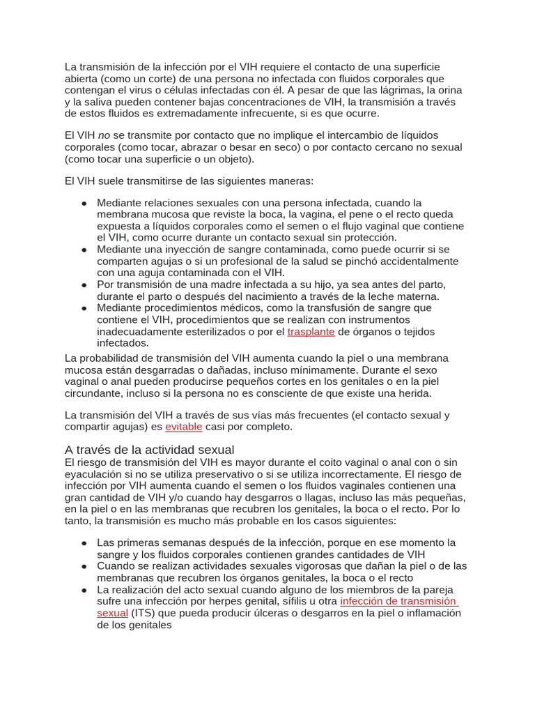 Formas de transmisión del VIH/SIDA | PDF | VIH | VIH / SIDA