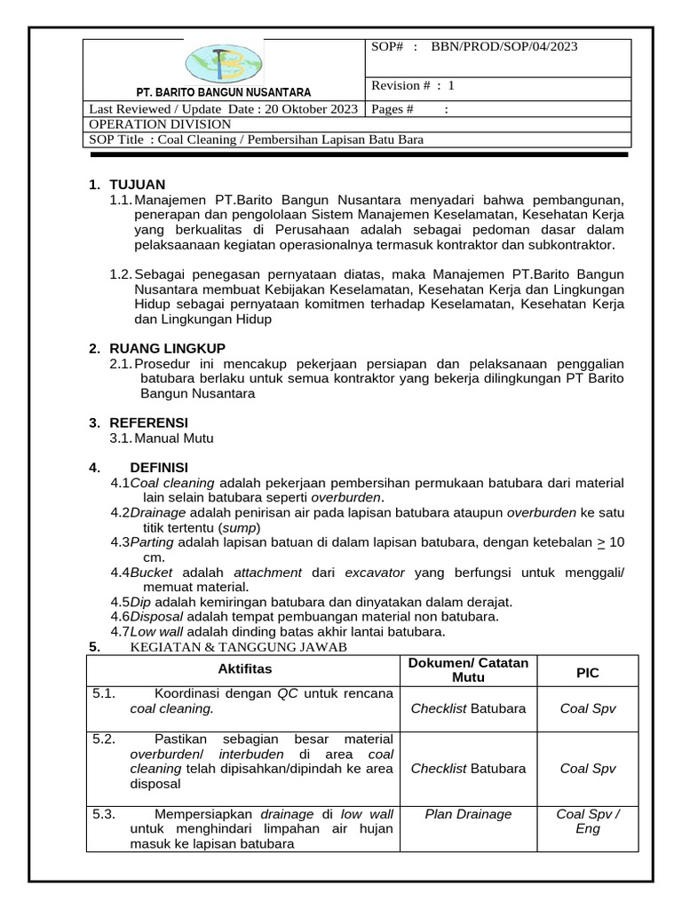 BBN PROD SOP 04 Pembersihan Lapisan Batu Bara | PDF