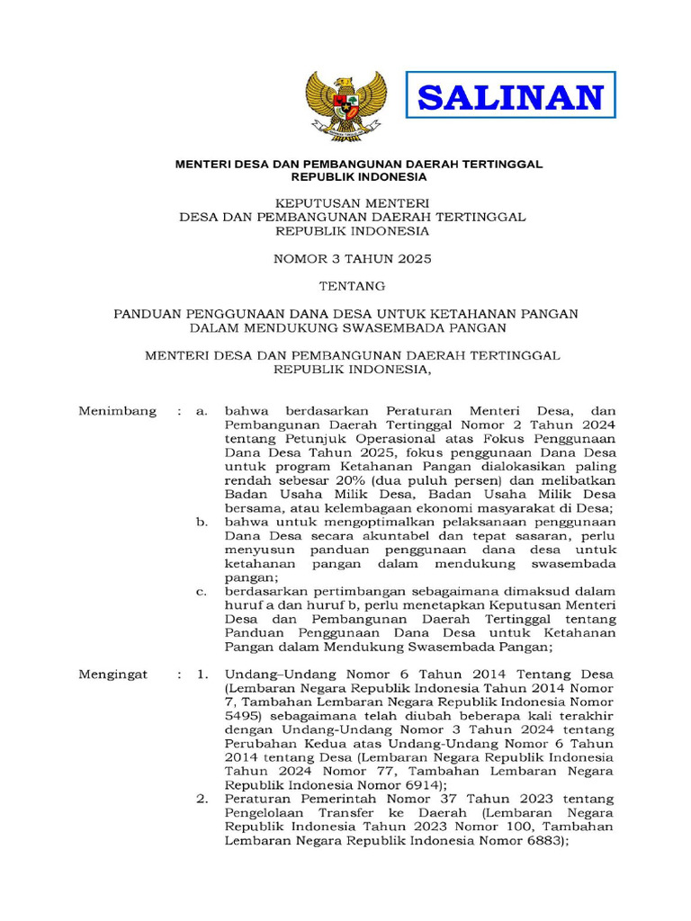 Kepmenmendesa PDT Nomor 3 Tahun 2025 - Panduan DD - 250114 - 131240 | PDF