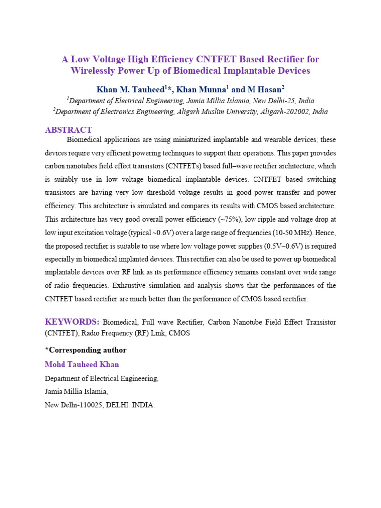 A Low Voltage High Efficiency CNTFET Based Rectifier For Wirelessly ...