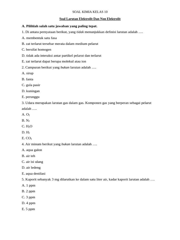 Kunci - Soal Kimia KLS 10 Elektrolit Dan Non Elektrolit | PDF