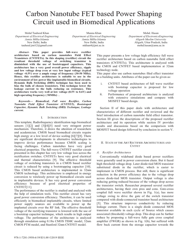 Carbon Nanotube FET based Power Shaping Circuit used in Biomedical Applications | PDF ...