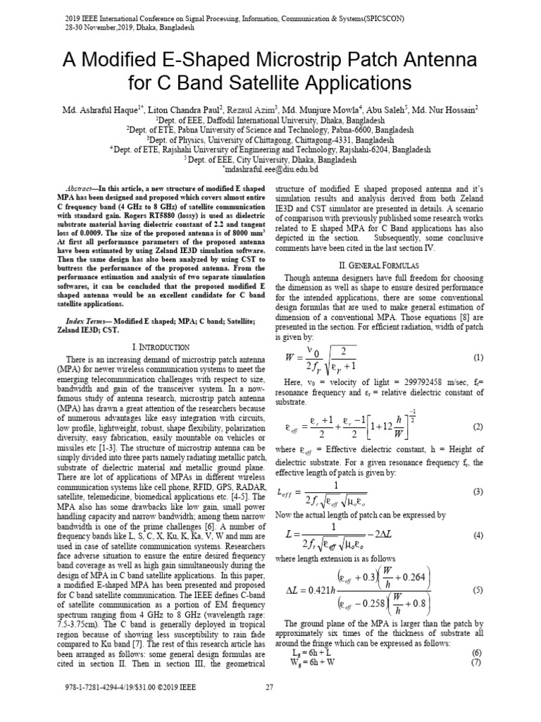 A Modified E-Shaped Microstrip Patch Antenna for C Band Satellite Applications | PDF | Antenna ...