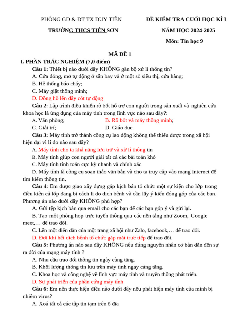 ĐỀ Tin 9- CHKI | PDF