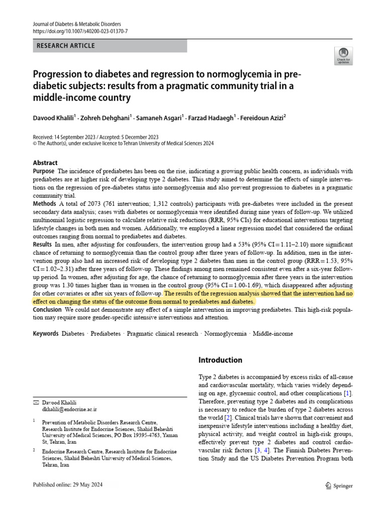 Progression To Diabetes and Regression To Normoglycemia in Pre-Diabetic ...