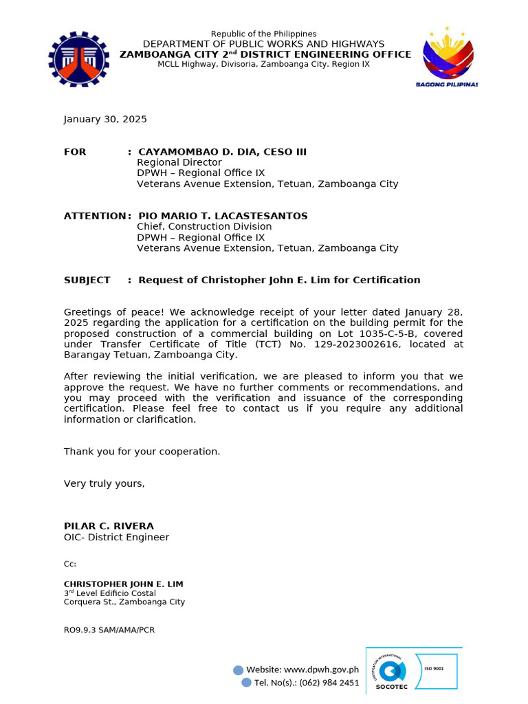 Reply Letter - Regional Office Ix (Christopher Lim) | PDF
