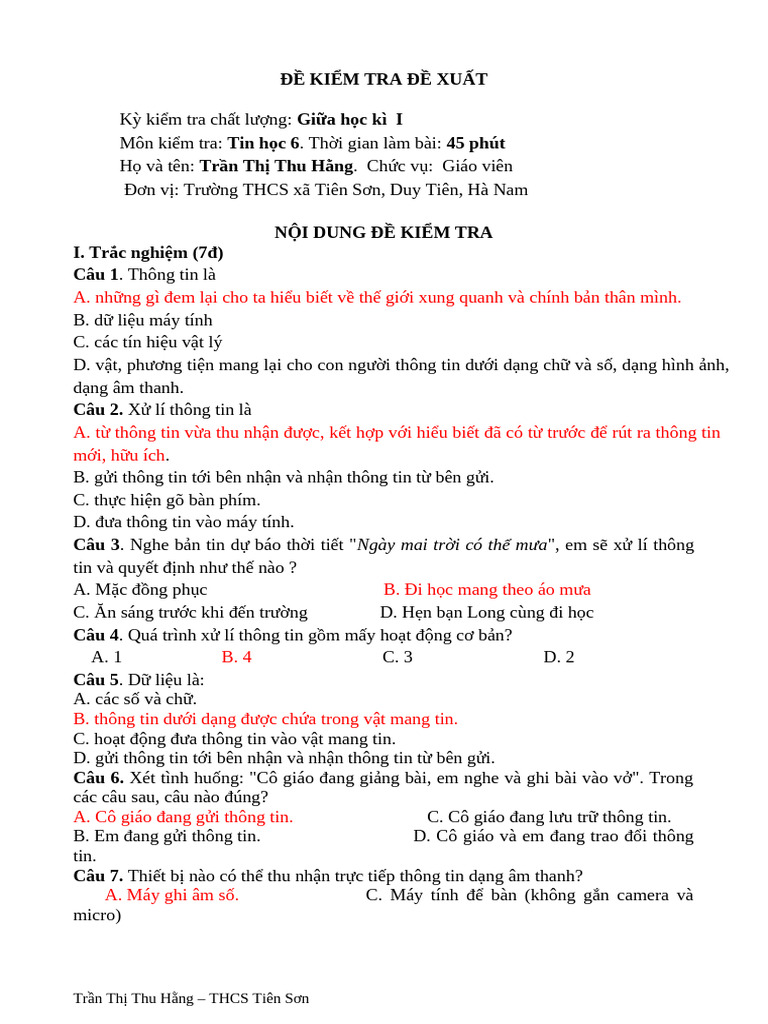 Đề KT Tin 6 - GKI | PDF