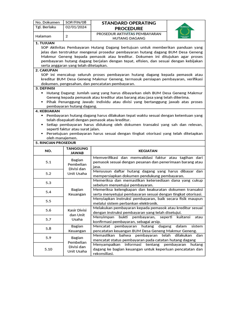 Prosedur Pembayaran Hutang Dagang BUM Desa | PDF