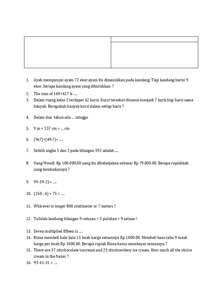 (2 Rangkap) Latihan Berhitung Kelas 2 SD | PDF