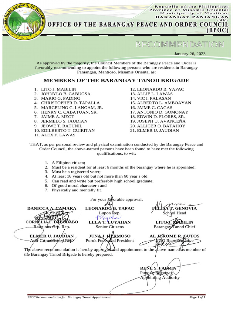 BPOC Recommendation For Tanod | PDF