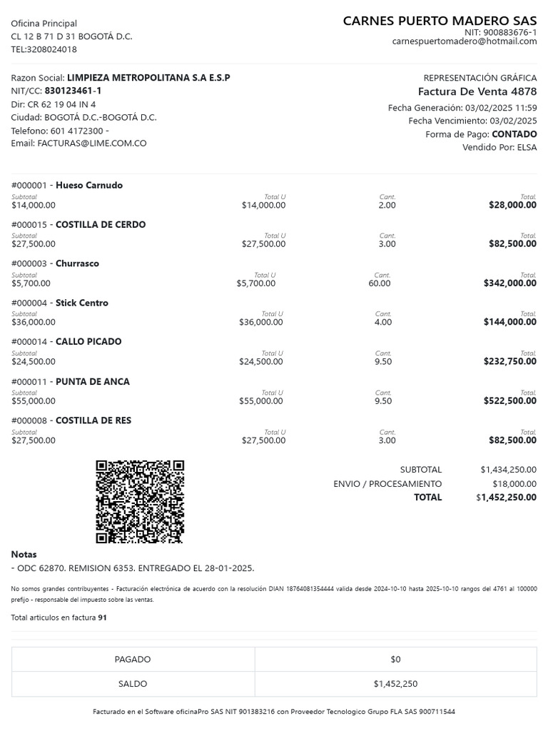 Factura De Venta 4878 Pdf Carne